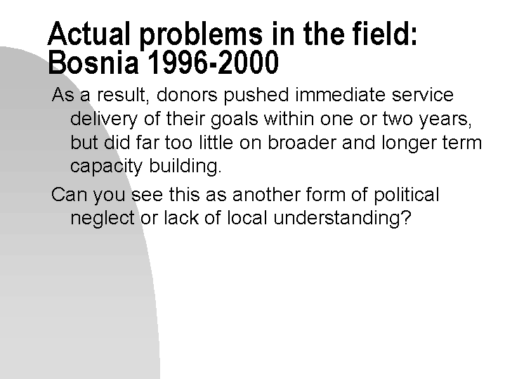 Actual problems in the field: Bosnia 1996-2000