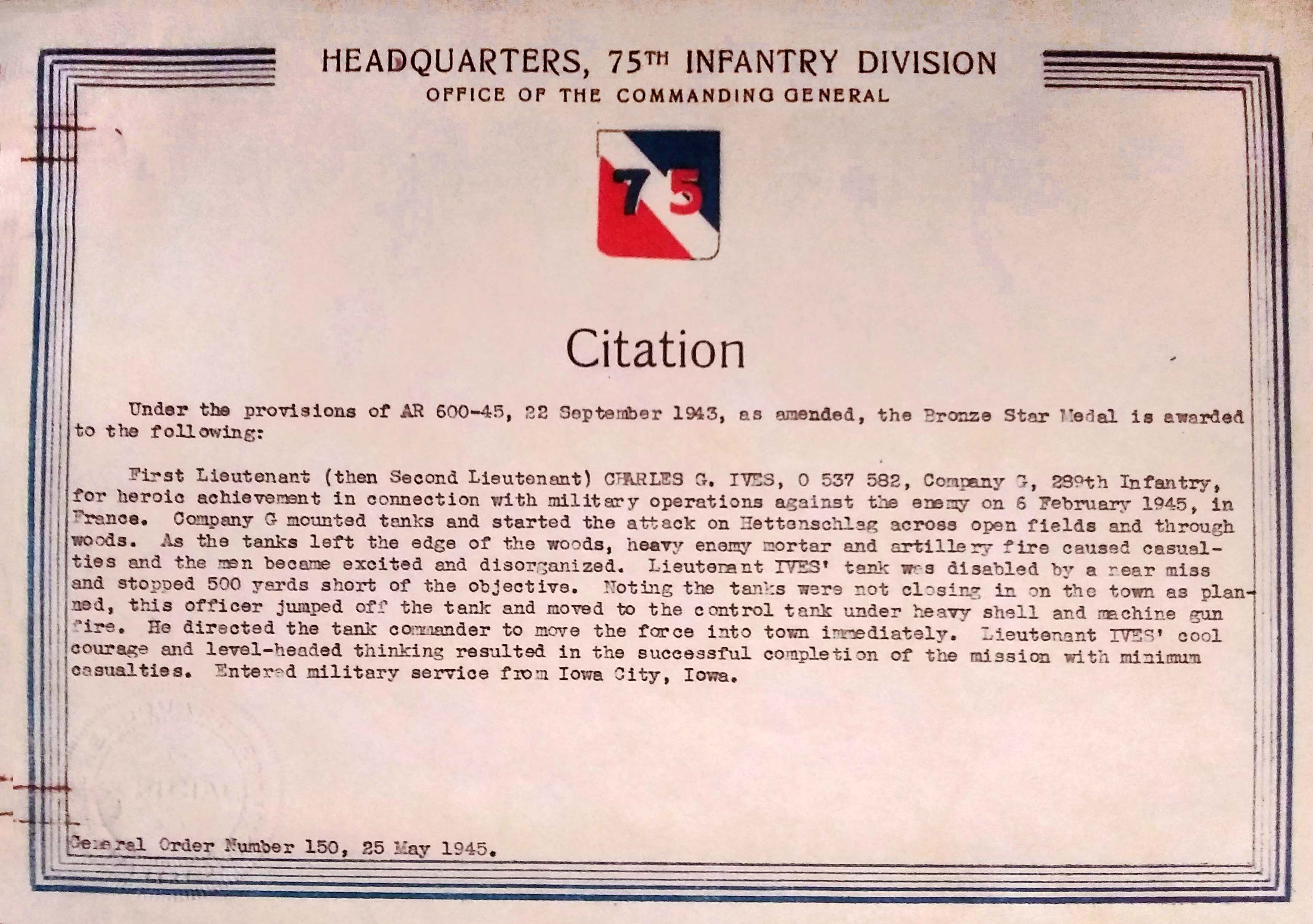 Charles Ives - Army medals and insignia